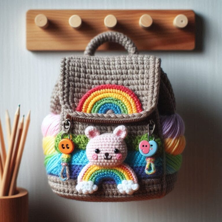 Crochet Backpack with Rainbow and Bear