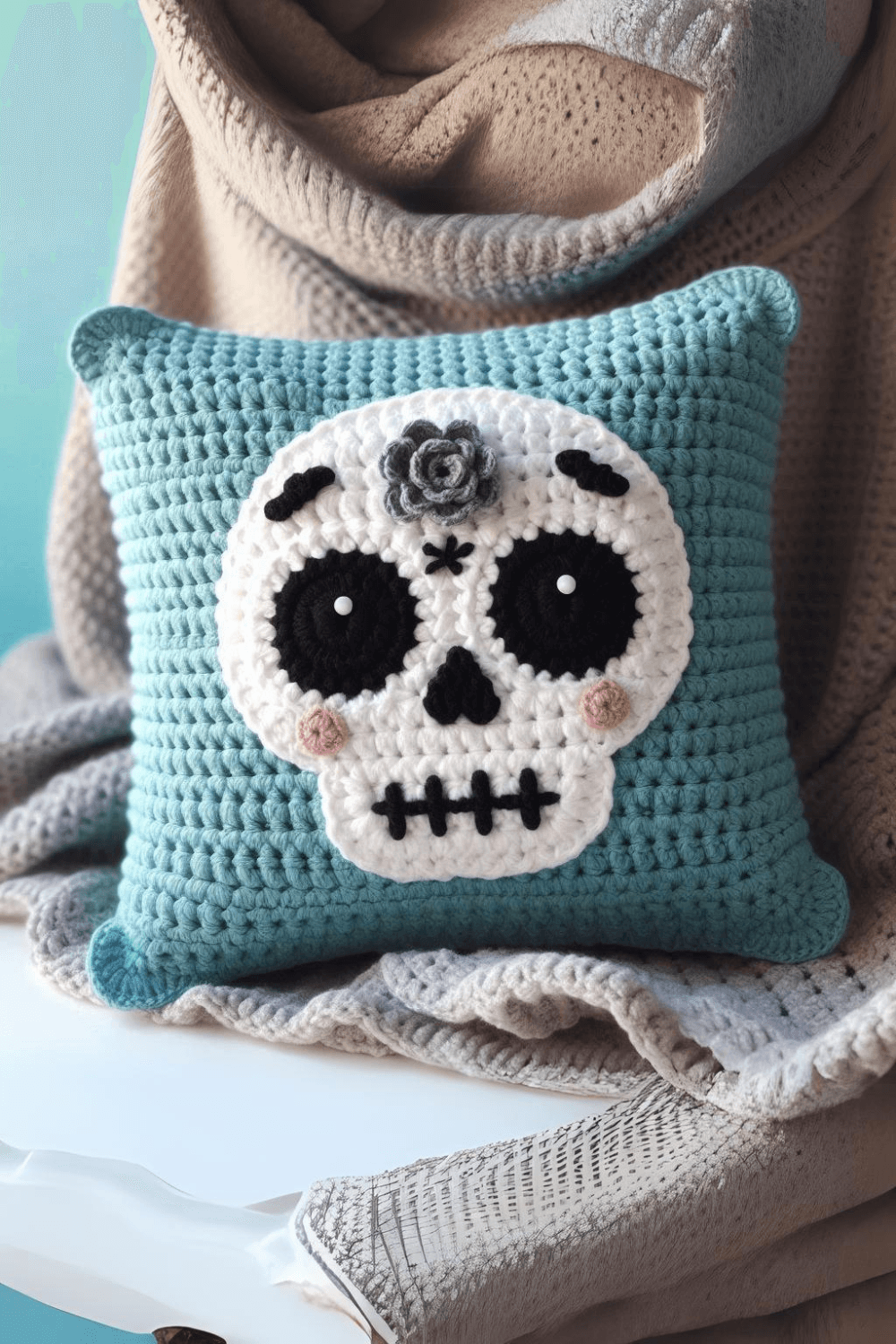 Adorable Crochet Skull Pillow for Cozy Decor