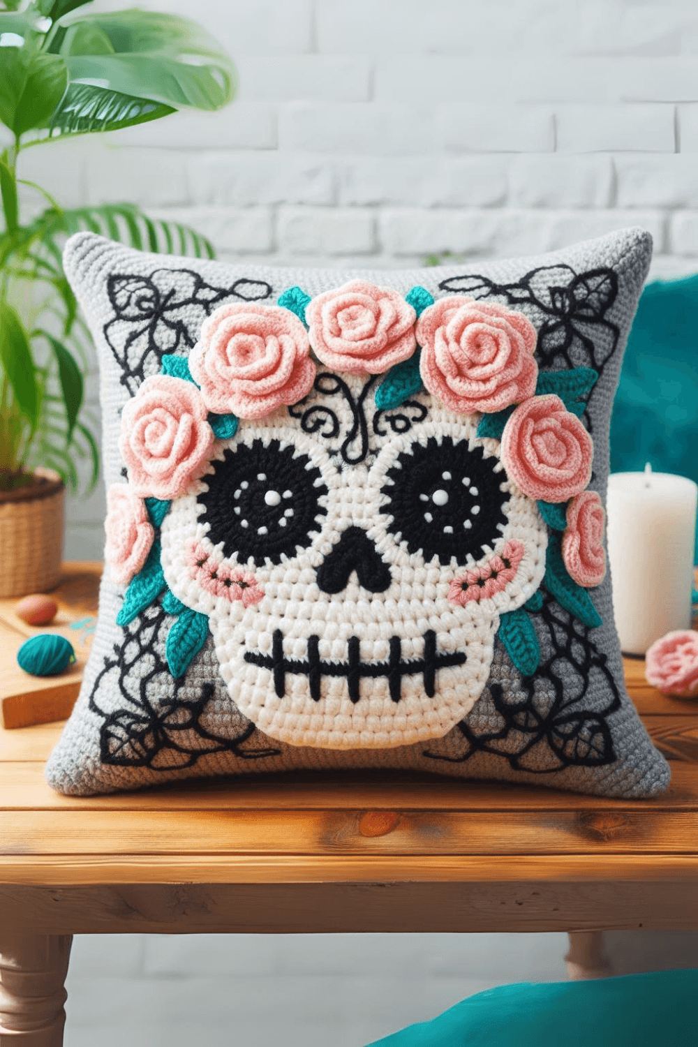 Sugar Skull Crochet Pillow: A Vibrant Home Accent