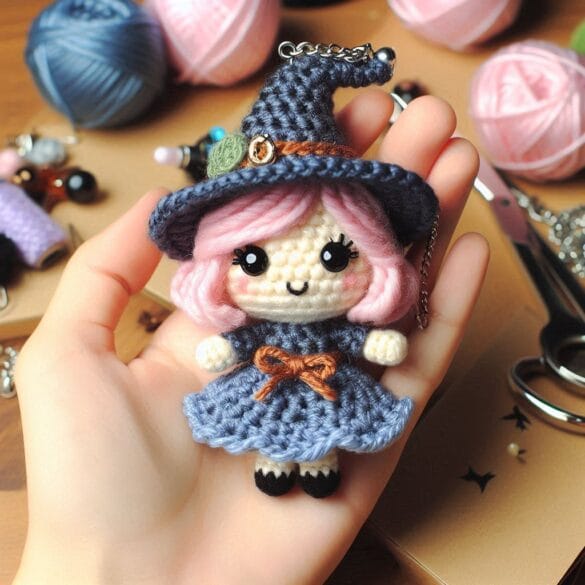 Pink-Haired Amigurumi Witch Keychain