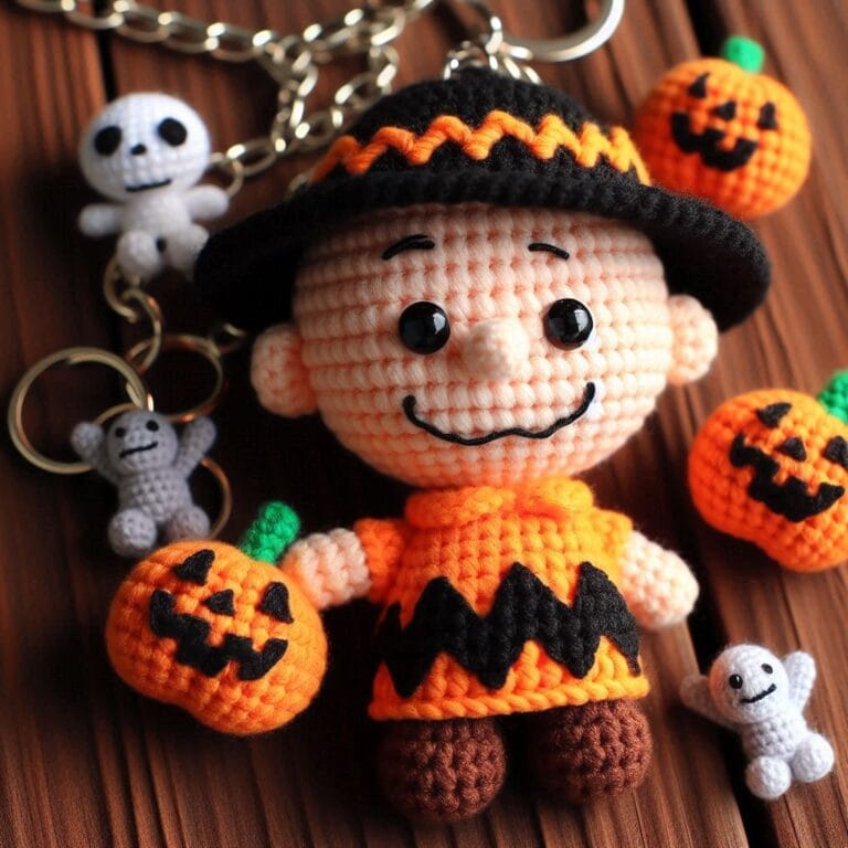 Crochet Halloween Charlie Keychain with Pumpkins