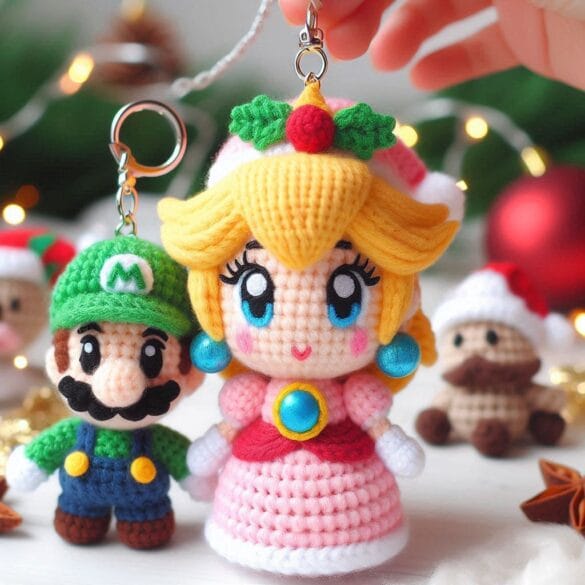 Crochet Princess Peach and Luigi Keychain