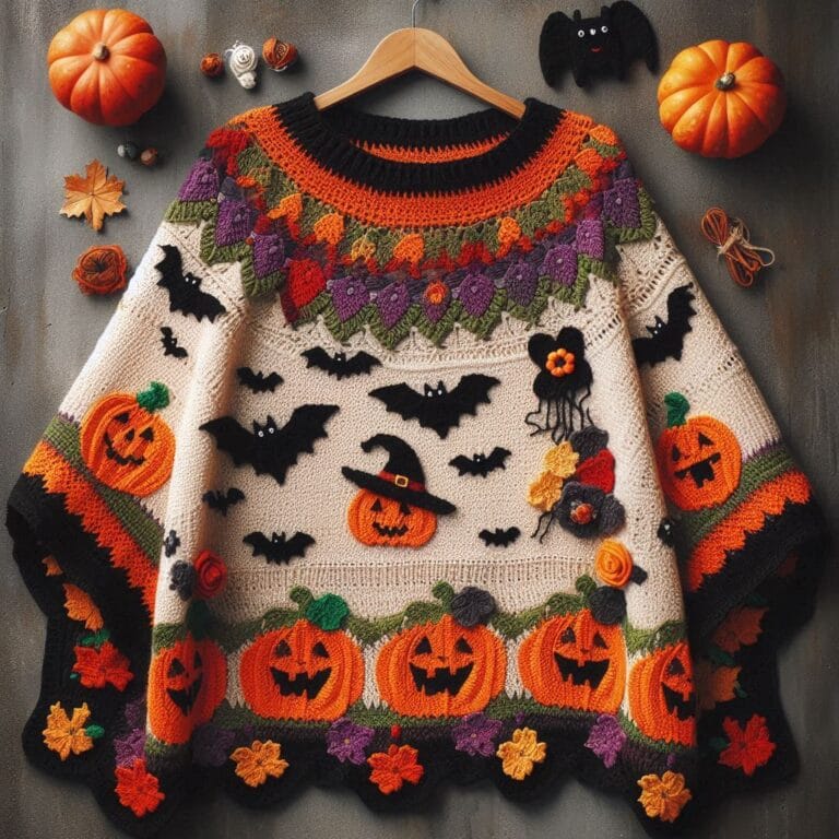 Halloween Crochet Poncho with Pumpkins and Bats