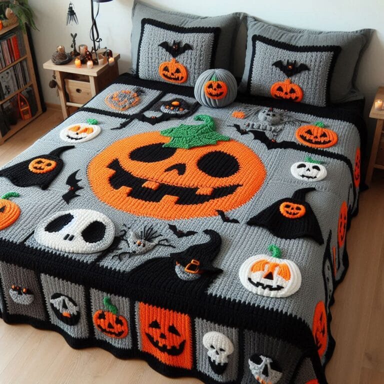 Halloween-Themed Crochet Blanket with Pumpkin and Ghost Motifs