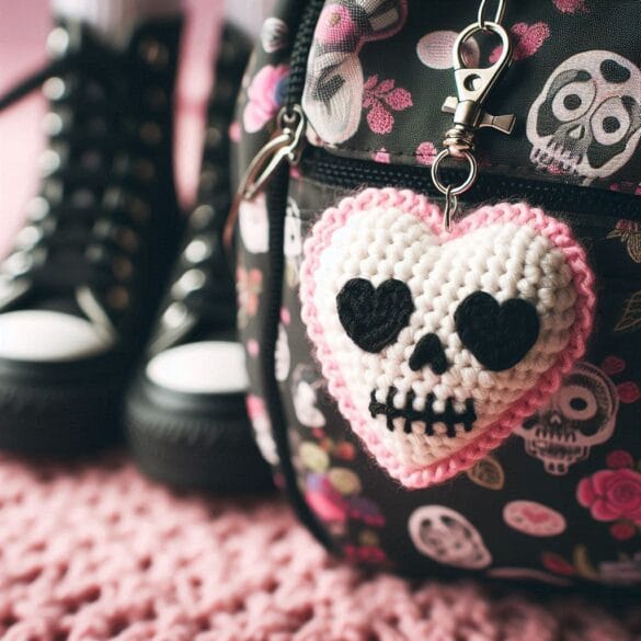 Pink Crochet Heart Skull Keychain