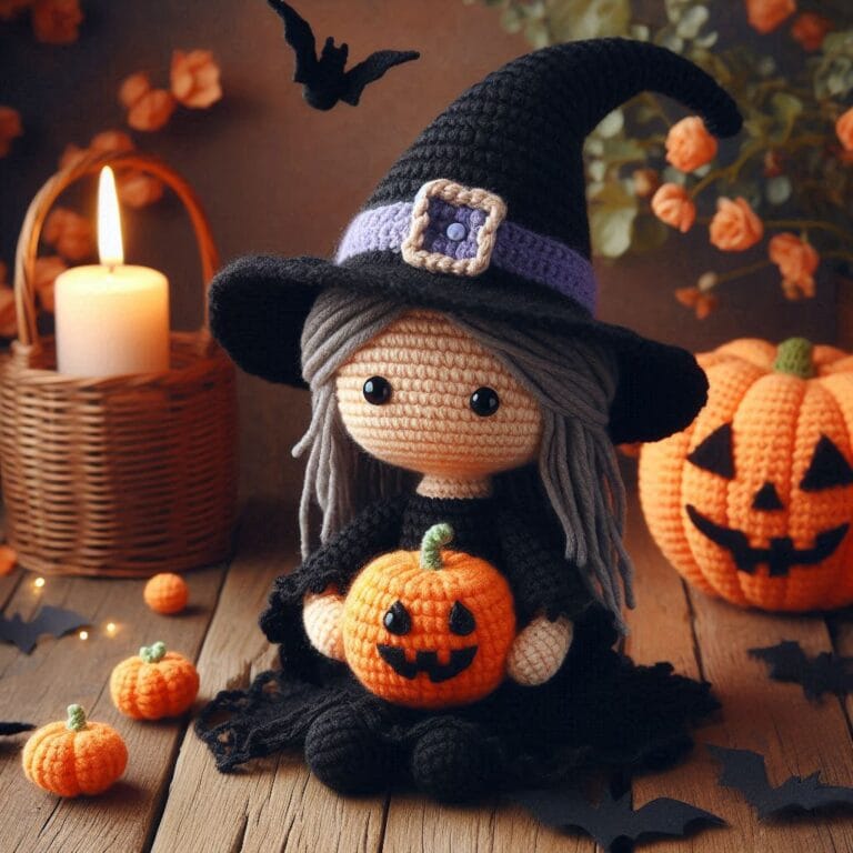 Crochet witch doll with a pumpkin